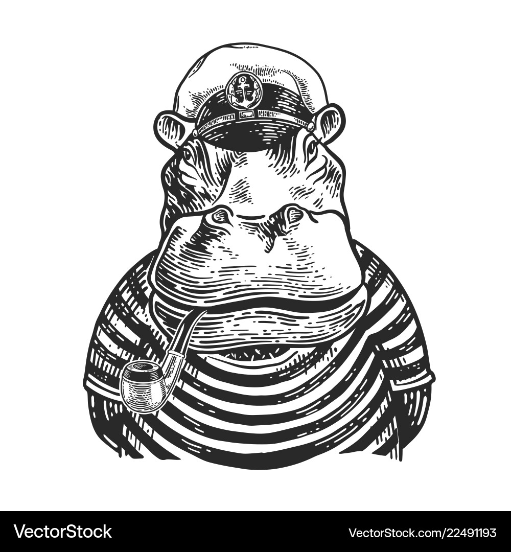 Hippo captain engraving Royalty Free Vector Image