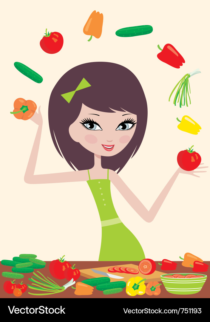 Pretty girl prepares salad Royalty Free Vector Image