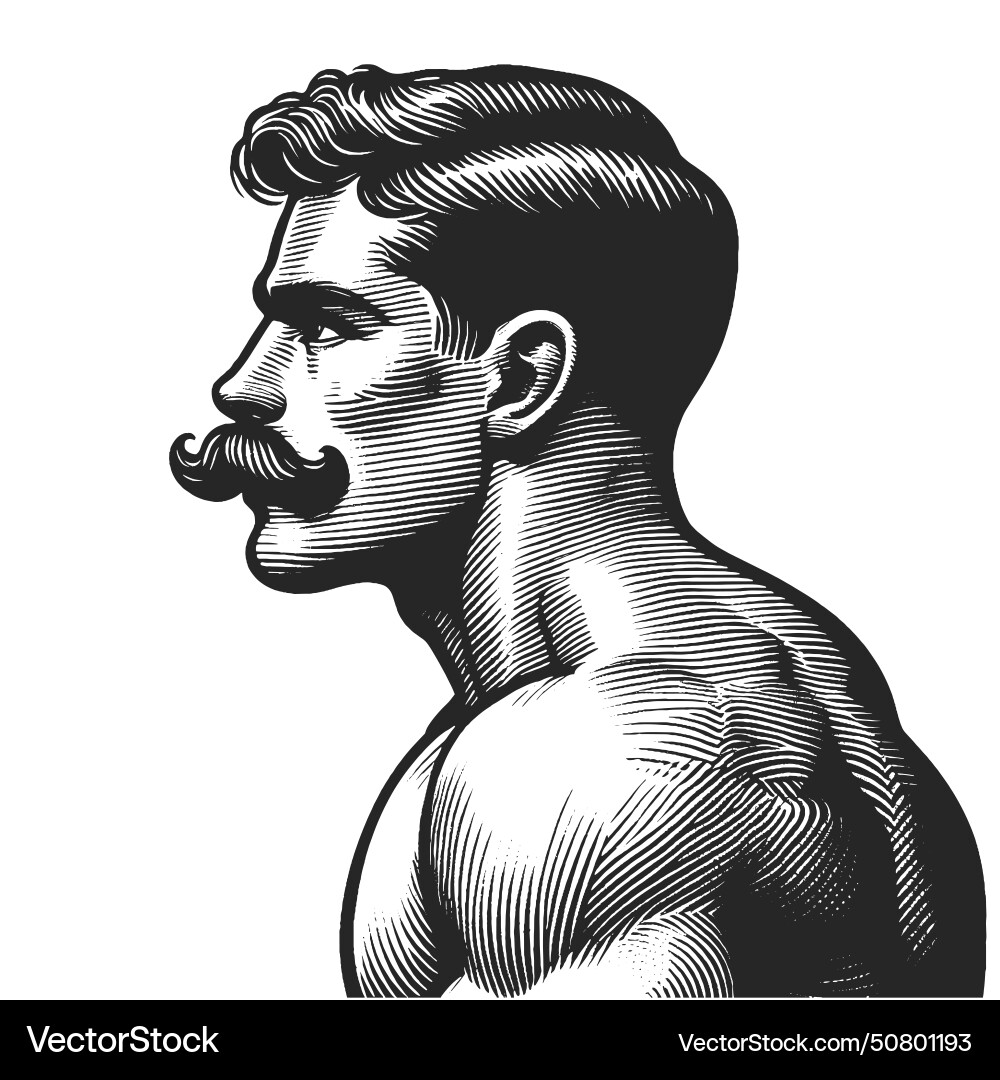 Strong man with mustache engraving sketch Vector Image
