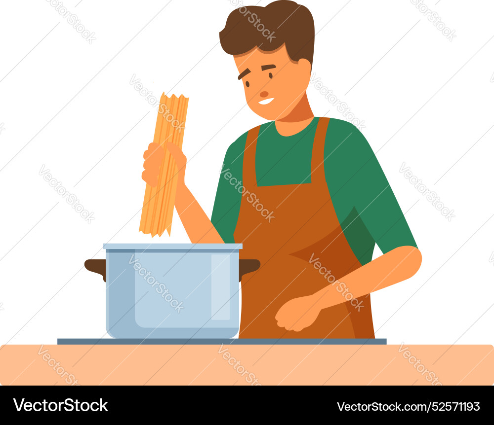 Young man cooking pasta in a saucepan Royalty Free Vector