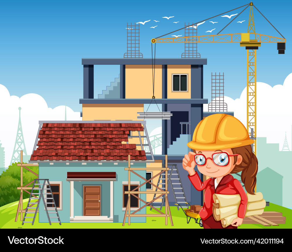 Cartoon scene of building construction site Vector Image