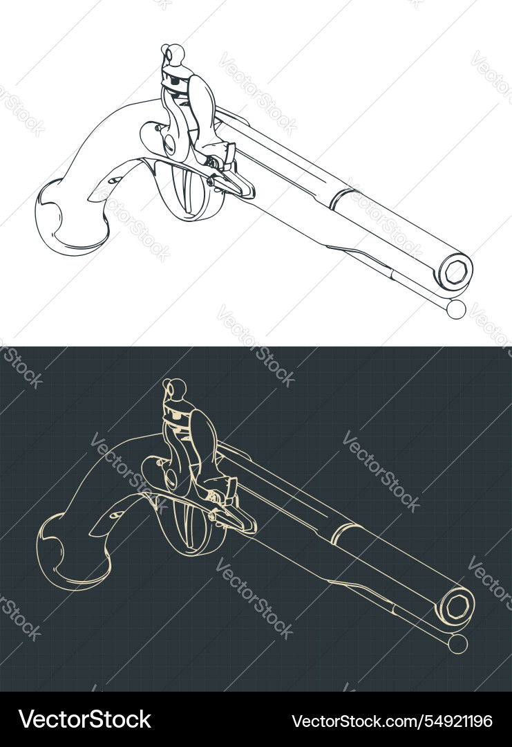 Antique pistol isometric blueprints Royalty Free Vector