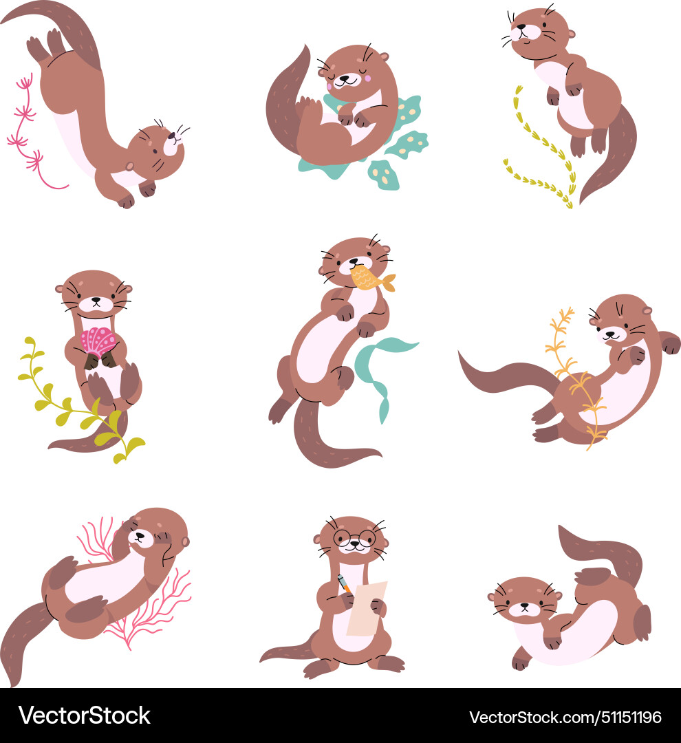 Cartoon otter funny otters in different poses Vector Image