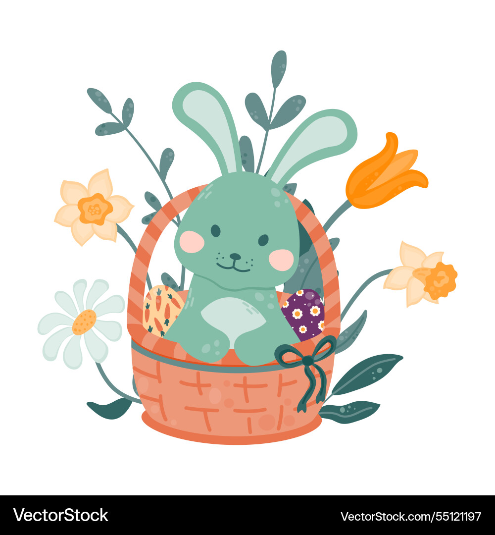 Easter bunny sits in a wicker basket with Vector Image