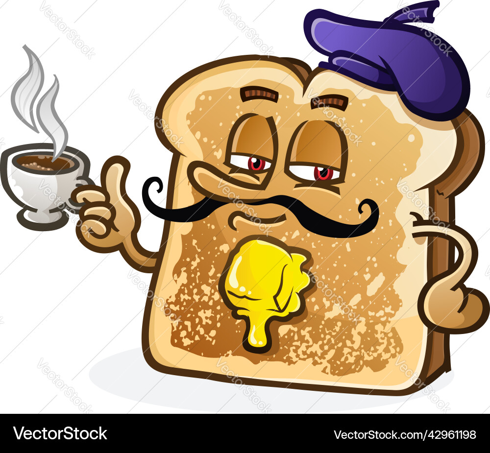 French toast cartoon character drinking coffee Vector Image