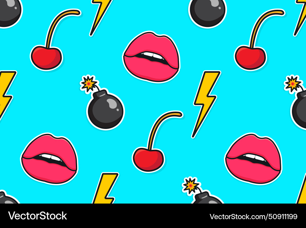 Pattern of pop art elements lips and lightning Vector Image