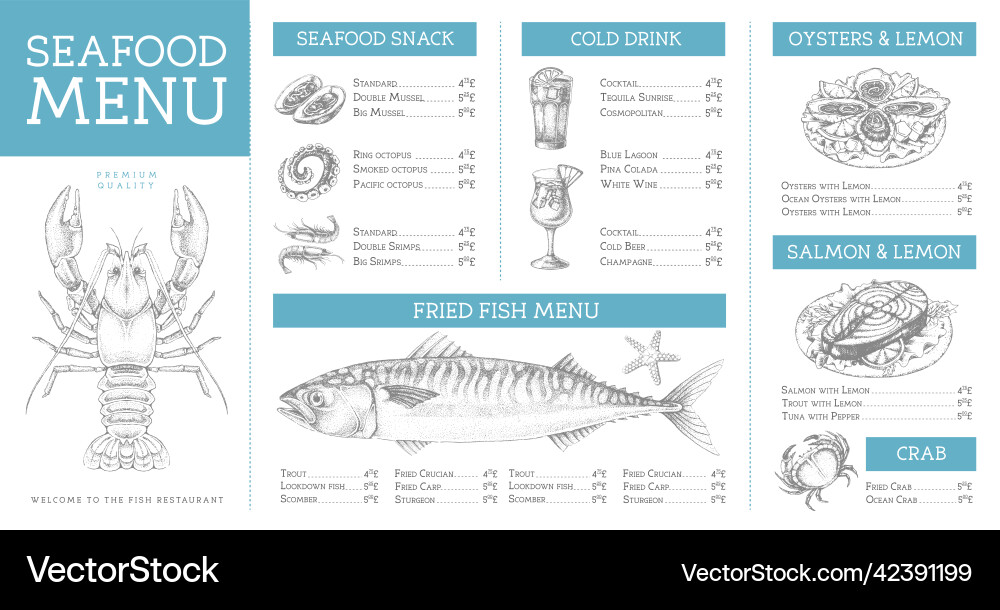 Seafood restaurant menu design Royalty Free Vector Image
