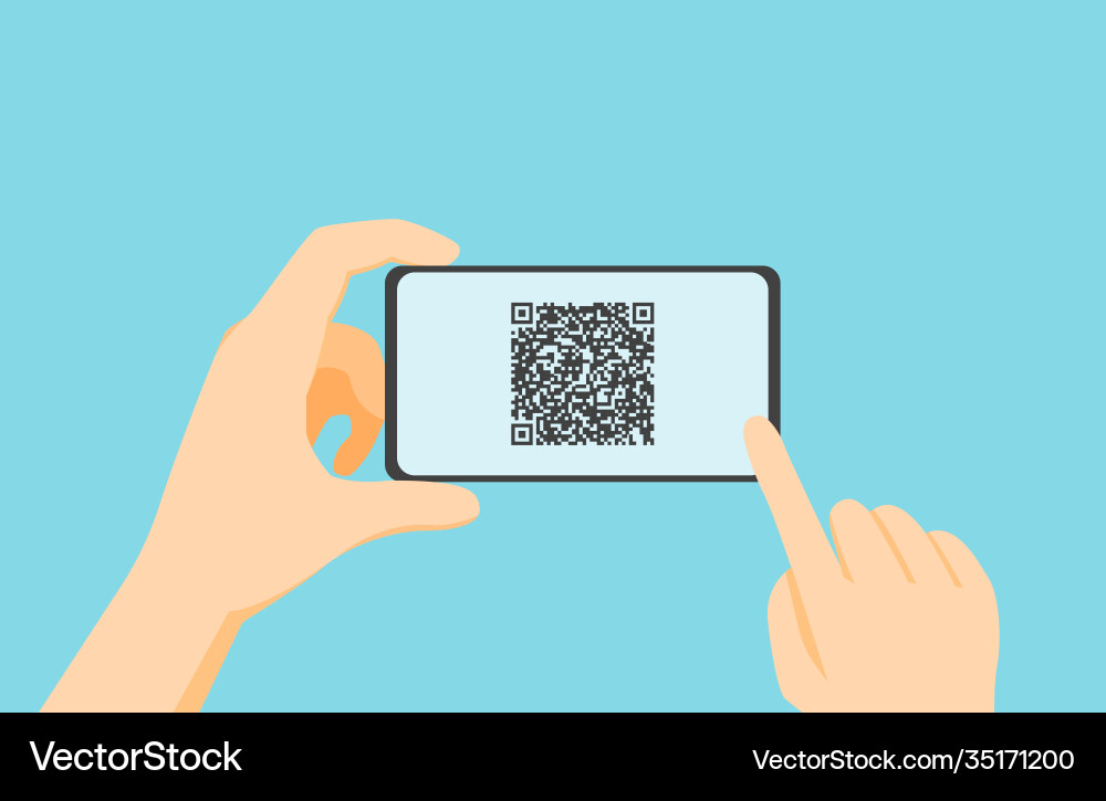 Qr code scan hands hold phone Royalty Free Vector Image
