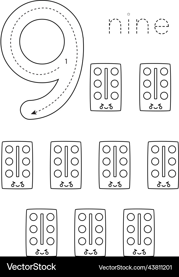 Flashcard number 9 preschool worksheet black Vector Image