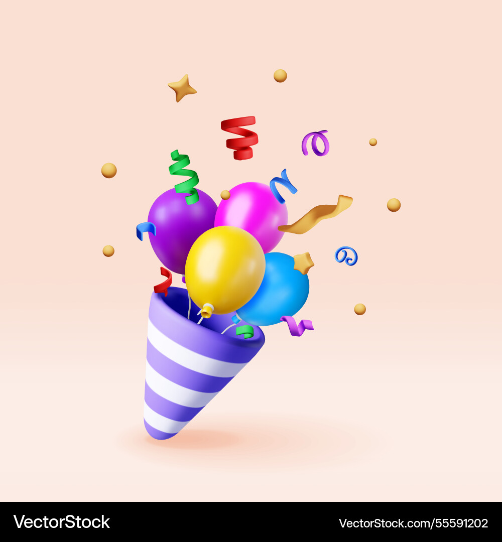 3d party popper with confetti isolated on white Vector Image