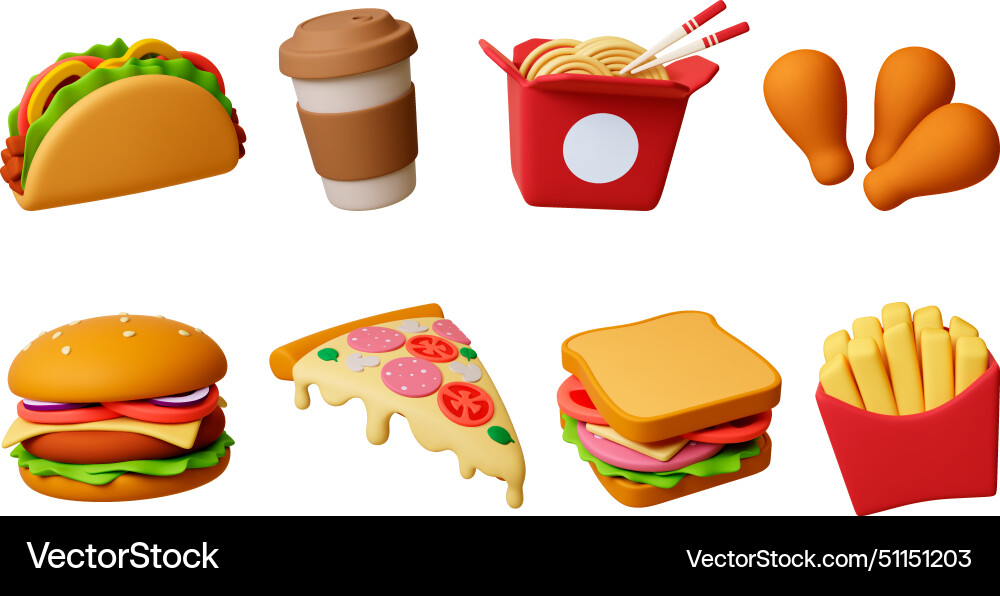 3d fast food isolated realistic pizza burger Vector Image