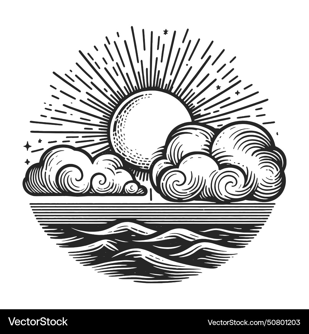 Stylized sun clouds engraving Royalty Free Vector Image