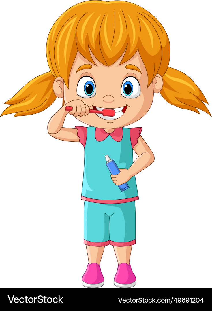 Cartoon little girl brushing teeth Royalty Free Vector Image