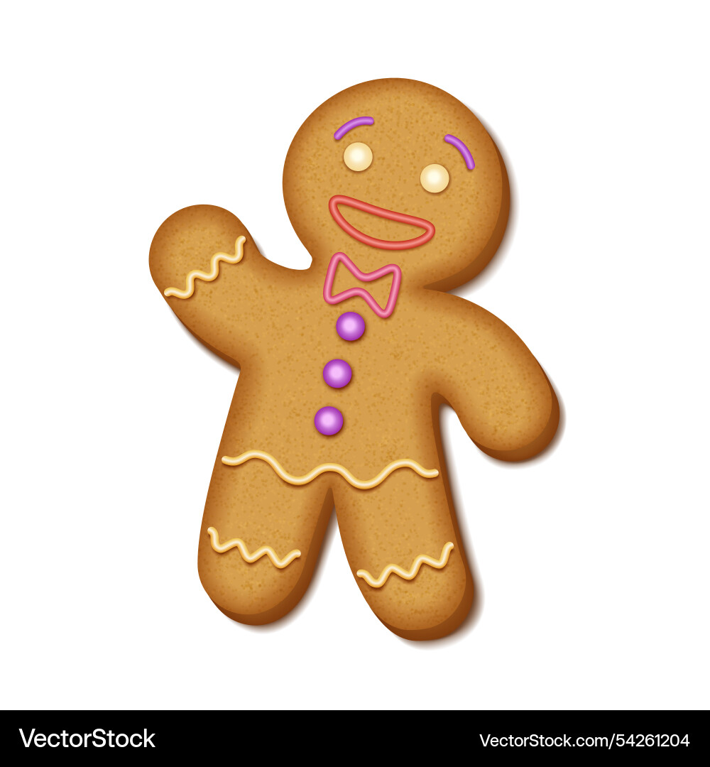 Gingerbread man with buttons and bow tie waving Vector Image