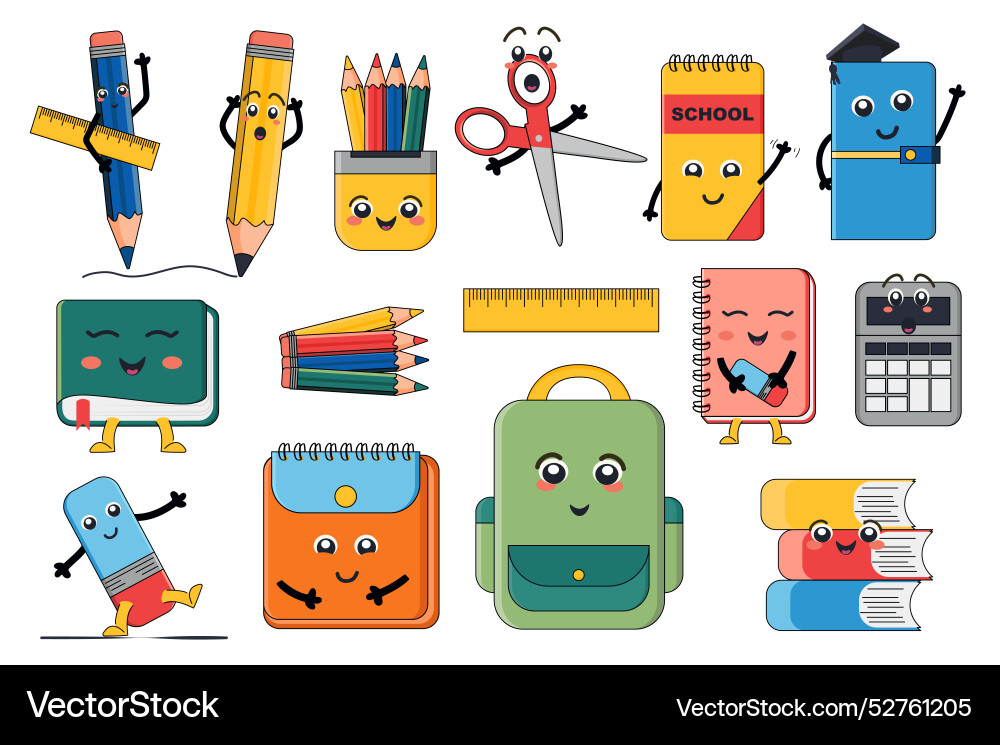 Mascot school supplies mega set elements in flat Vector Image