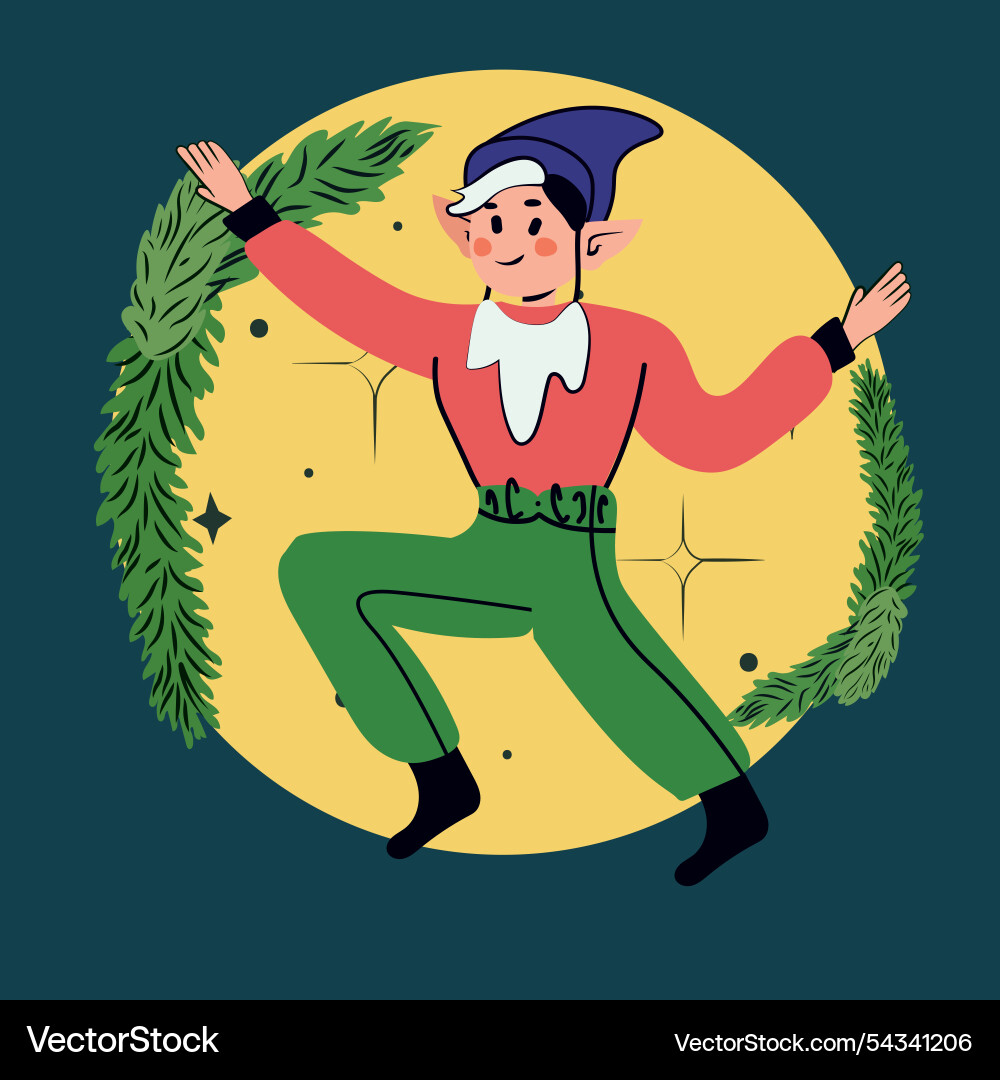 Dancing elf in festive attire surrounded by green Vector Image