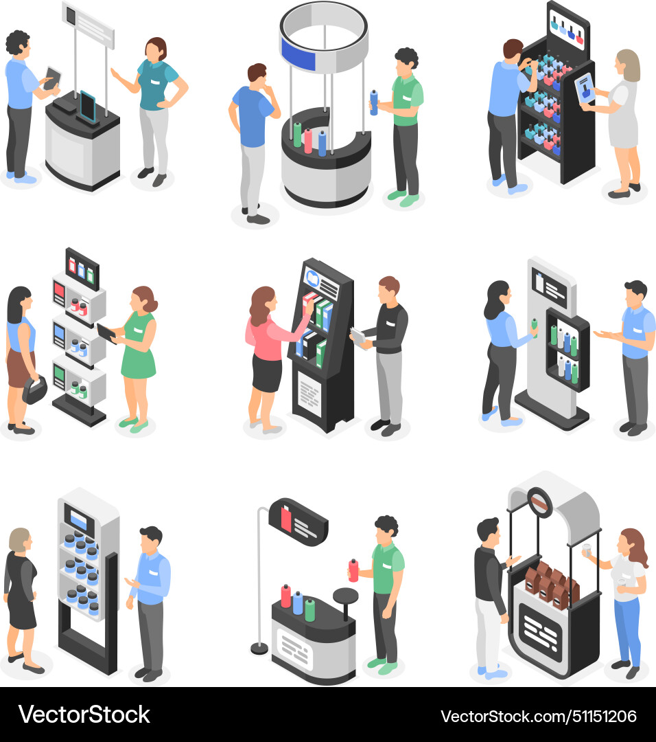 Isometric exhibition promo stand promoters Vector Image