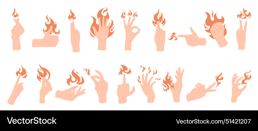 Human hand with different gestures and hot fire Vector Image