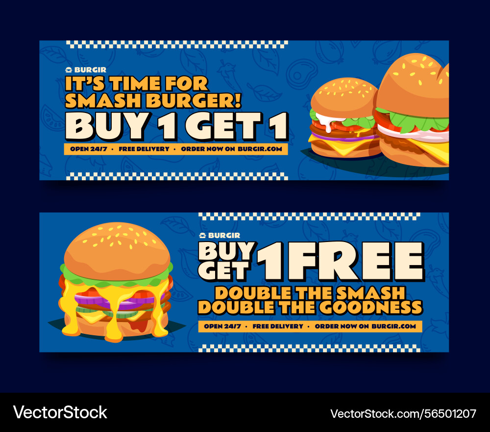 Modern cartoon smash burger horizontal banner set Vector Image