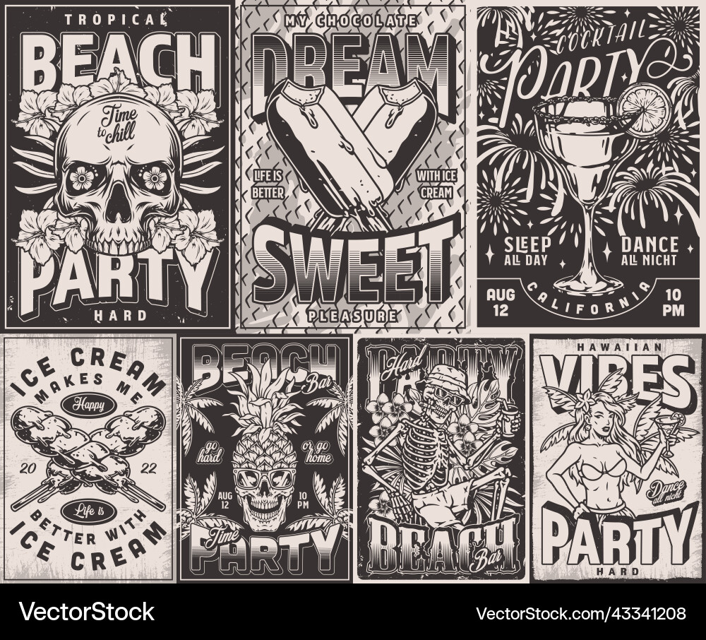 Beach Party Set Flyers Monochrome Royalty Free Vector Image