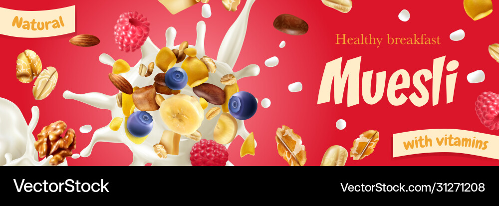 Muesli realistic horizontal poster Royalty Free Vector Image