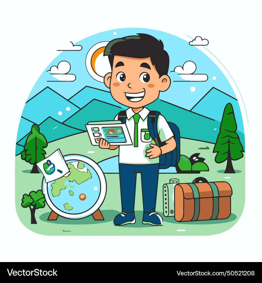 Traveler boy with map and backpack in cartoon Vector Image