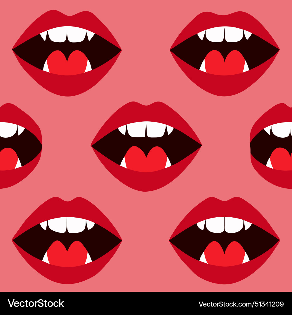 Red lips with vampire teeth on a pink background Vector Image