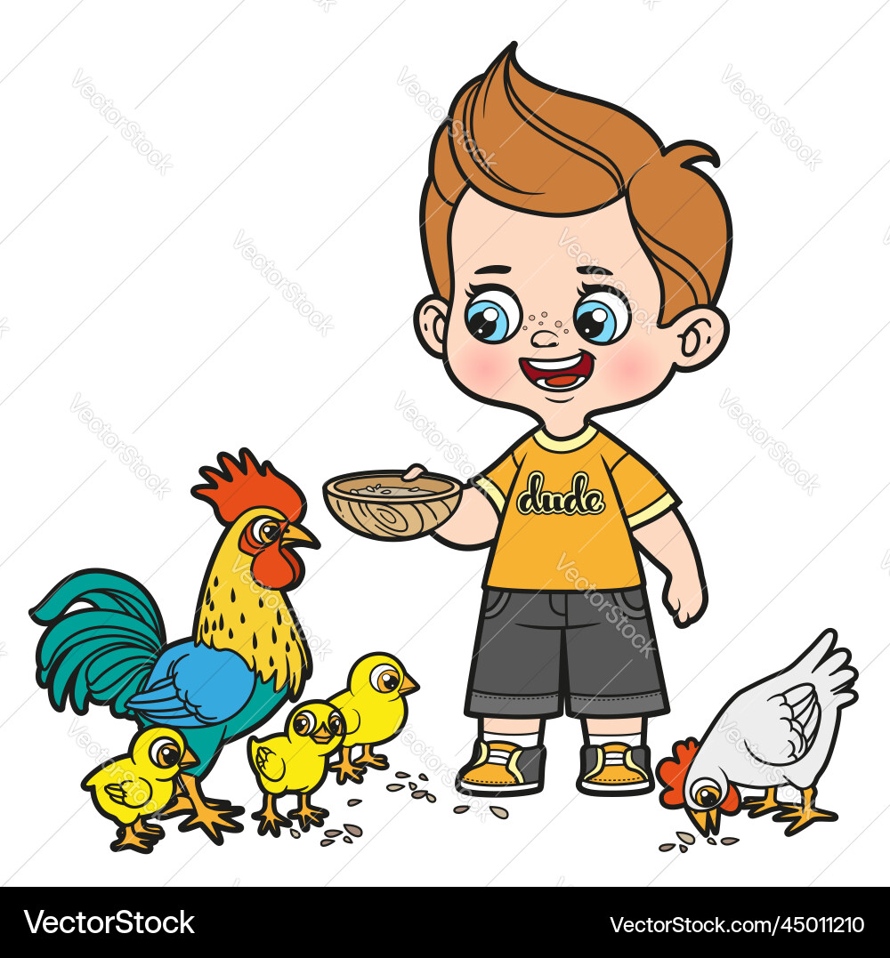 Boy Feeding Chickens and Chicks Royalty Free Vector Image