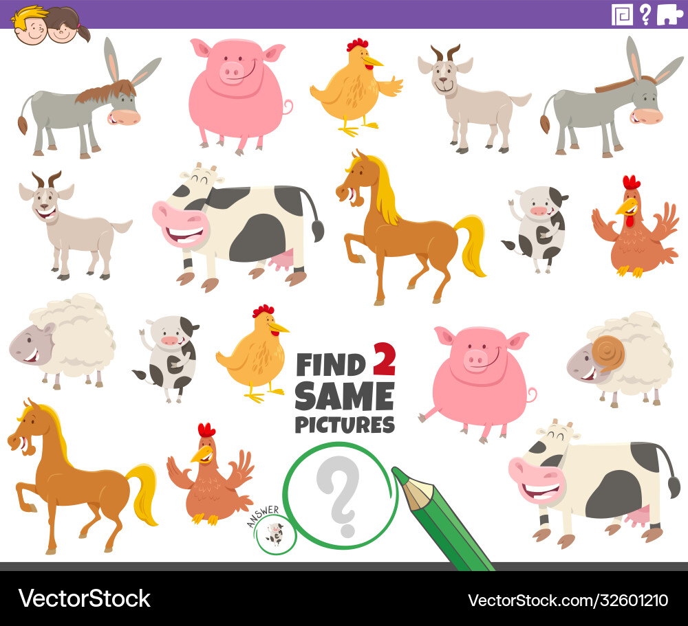 Find two same farm animals educational game Vector Image