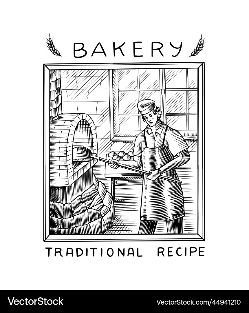 Man baker in uniform cooking bread the oven Vector Image