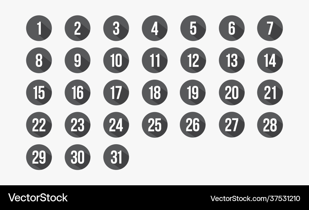 Number circle icon set 1-31 calendar Royalty Free Vector