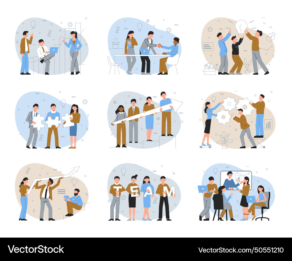Teamwork color set of isolated compositions Vector Image