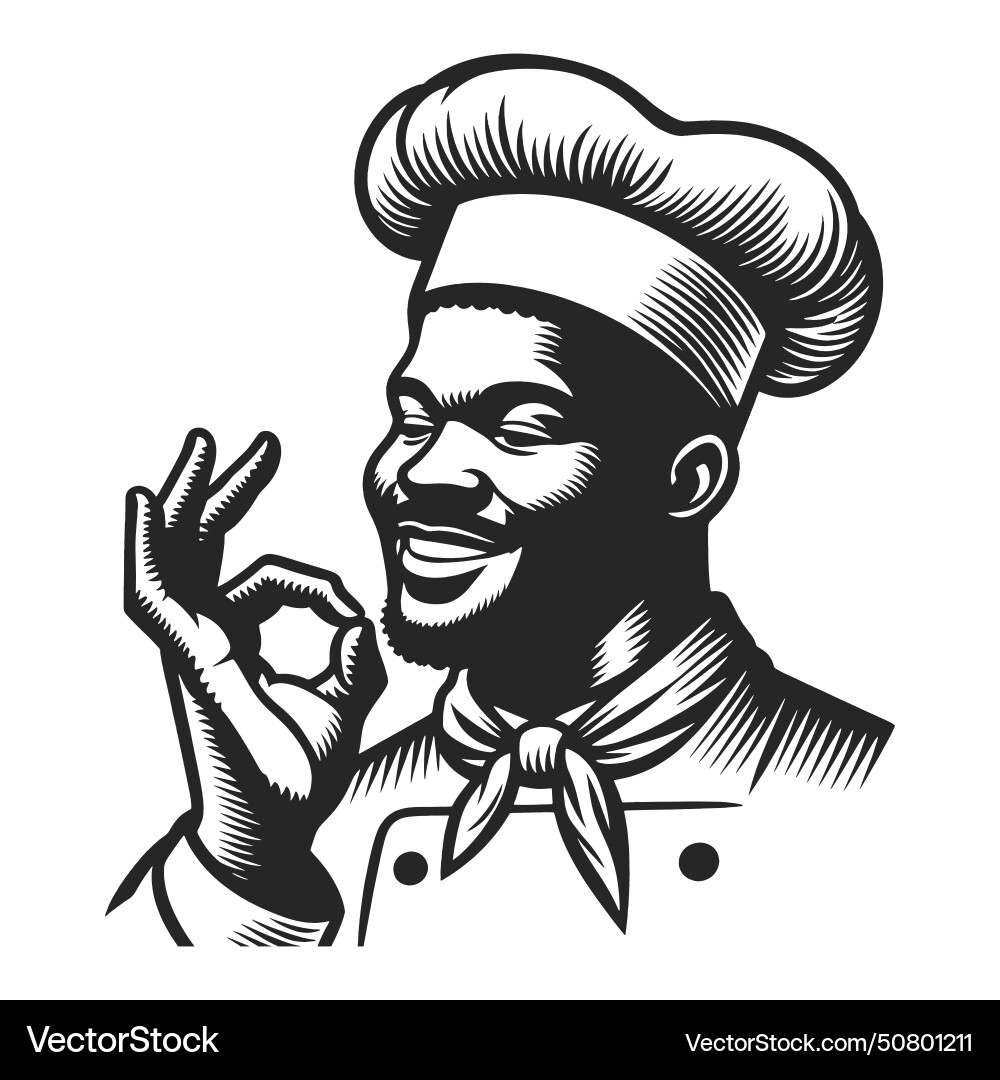 Smiling chef giving delicious approval engraving Vector Image