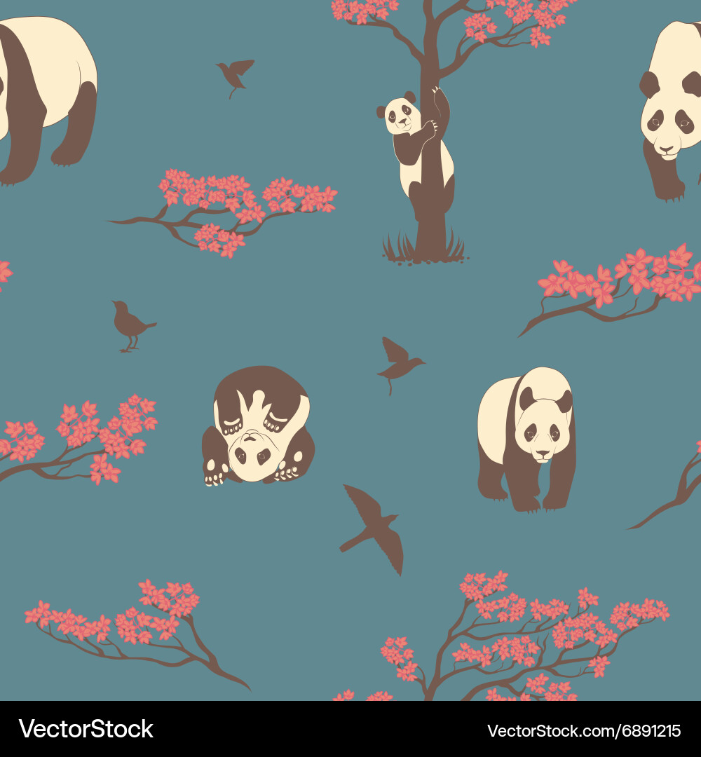 Seamless pattern of sakura tree and panda Vector Image