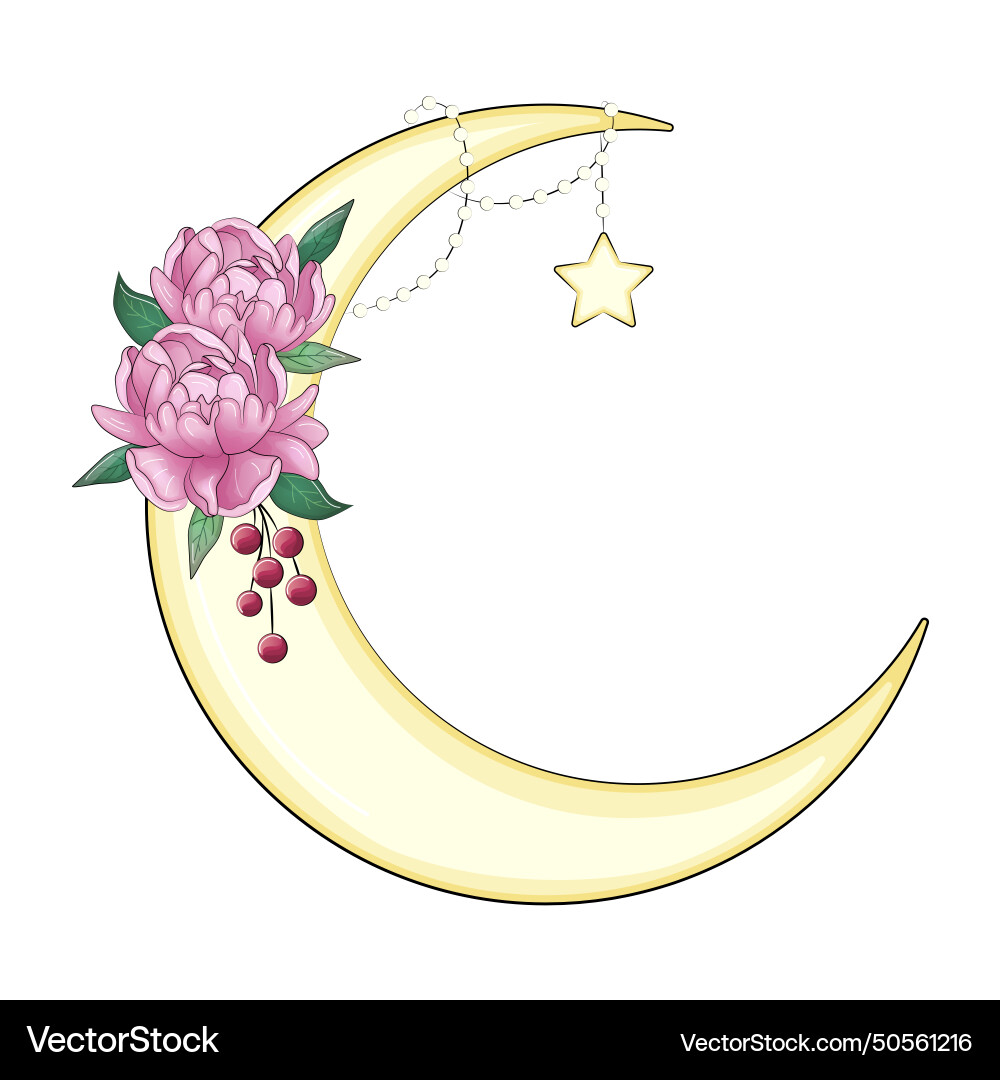 Crescent moon decorated with flowers leaves hand Vector Image