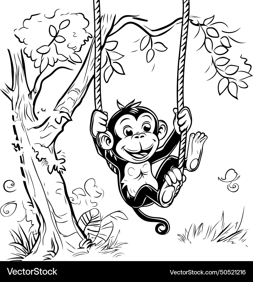 Monkey swinging on a swing black and white Vector Image