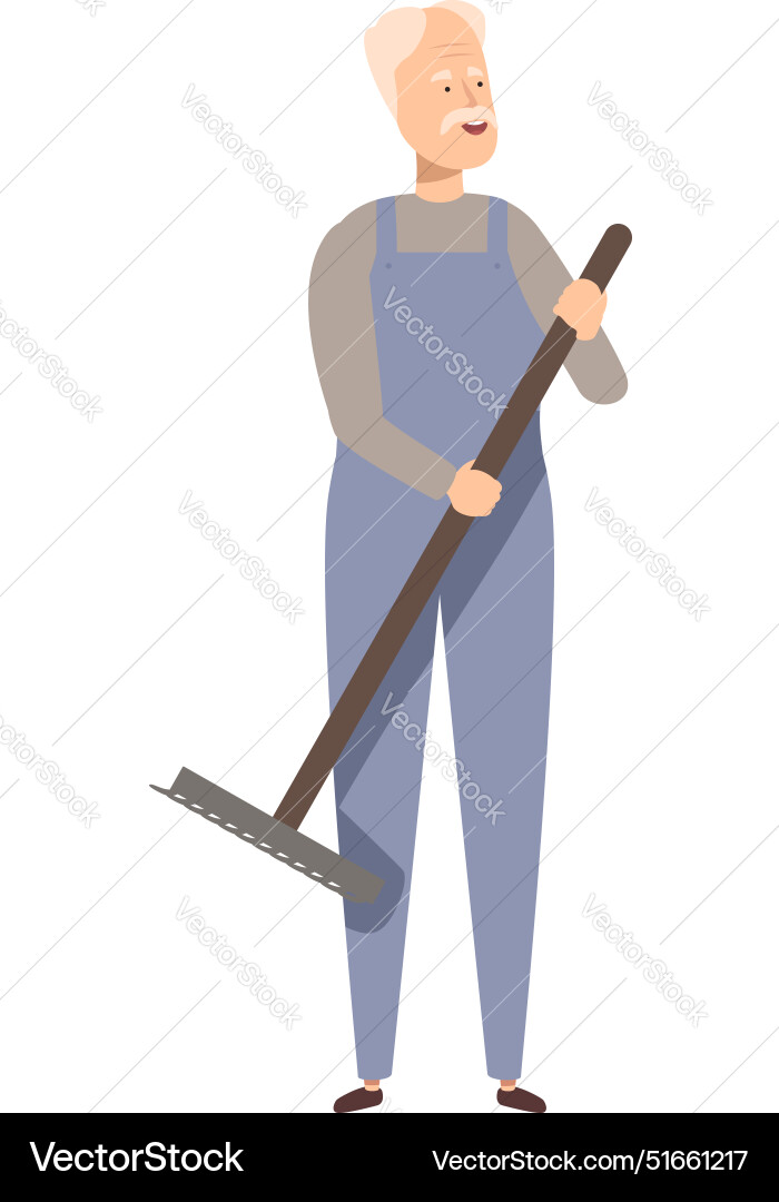 Elderly farmer holding rake standing and smiling Vector Image