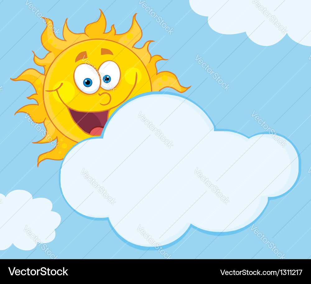 Sun mascot cartoon character hiding behind cloud Vector Image