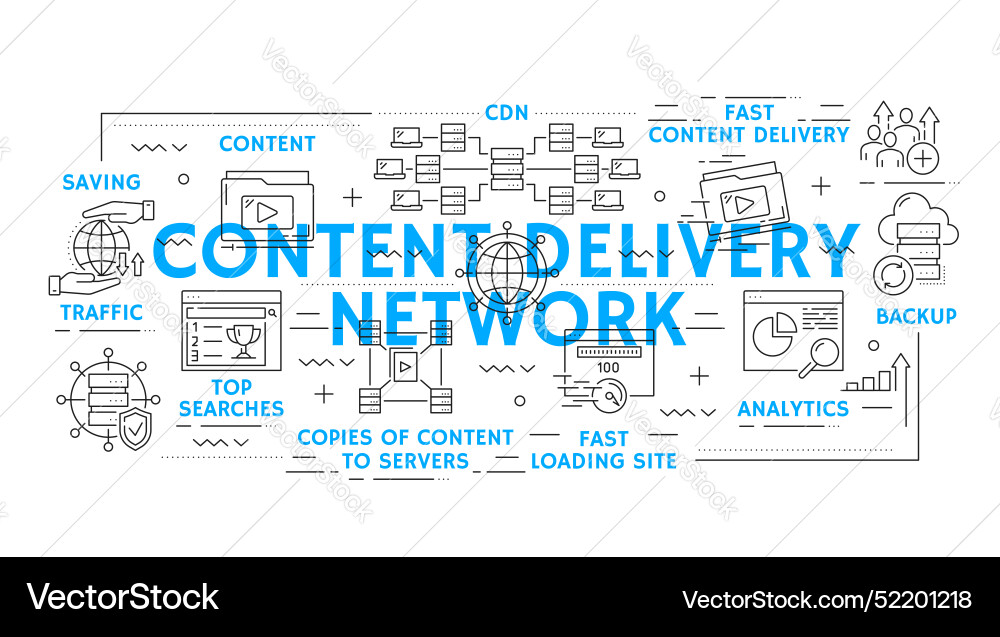 Cdn content delivery network line icons Royalty Free Vector