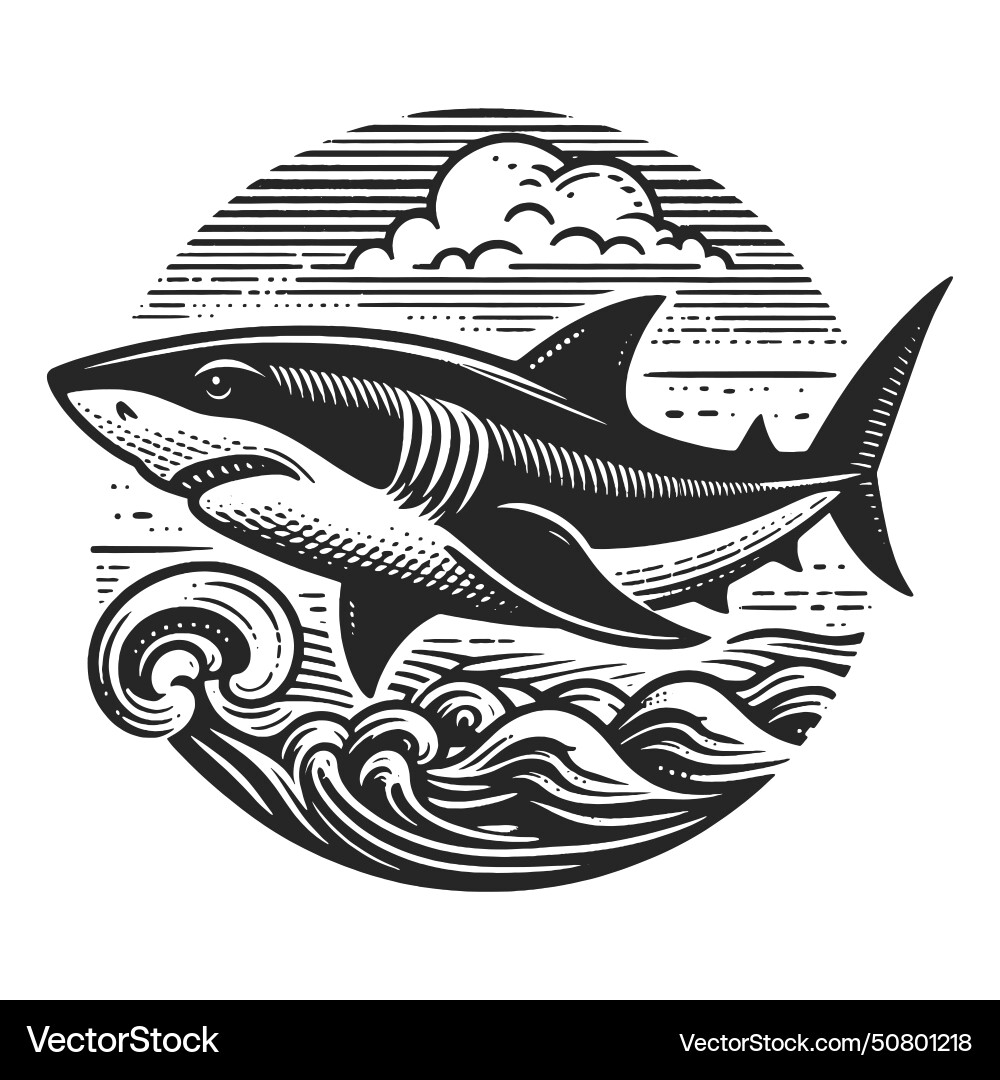 Shark ocean waves engraving Royalty Free Vector Image