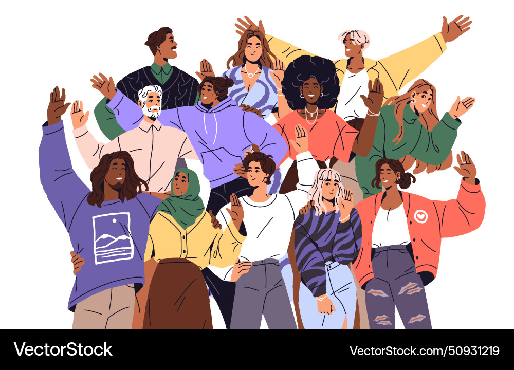Happy people greeting welcome crowd waving Vector Image