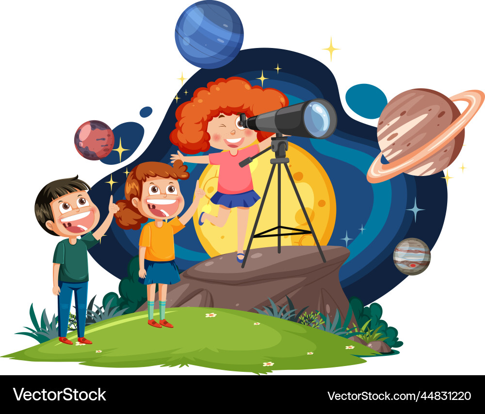 Kids observing planets with telescope Royalty Free Vector