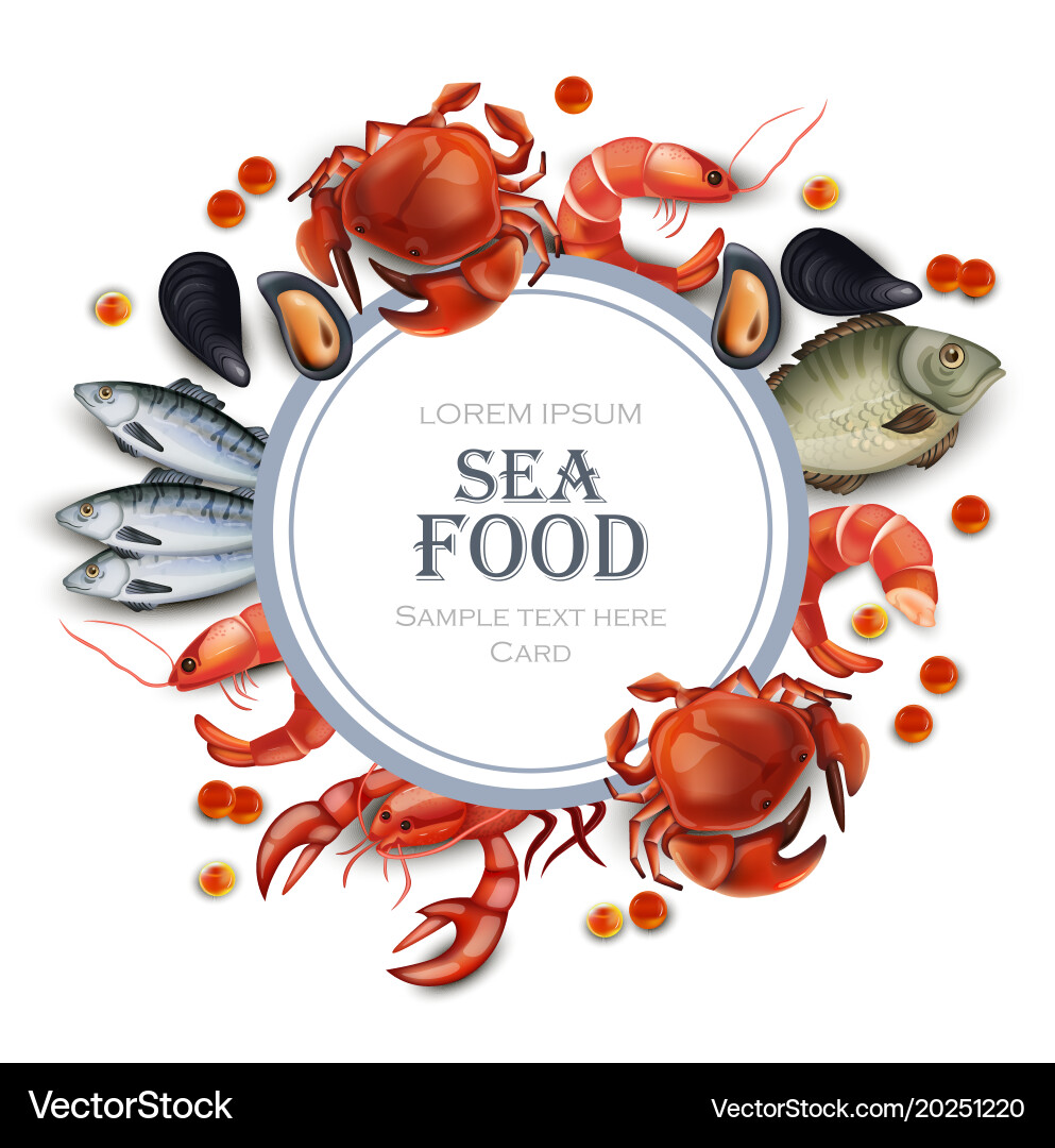 Sea food card realistic round frame Royalty Free Vector