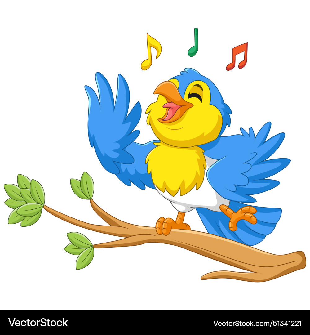 Cartoon blue bird singing on tree branch Vector Image