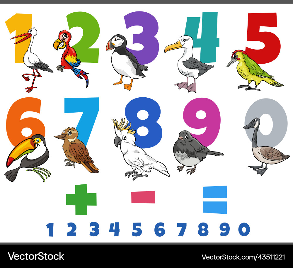 Educational numbers set with cartoon birds animal Vector Image