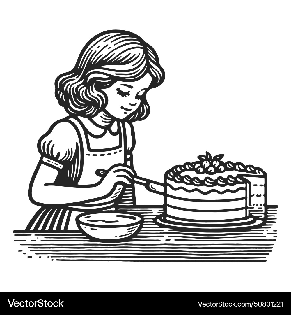 Young girl decorating homemade cake Royalty Free Vector