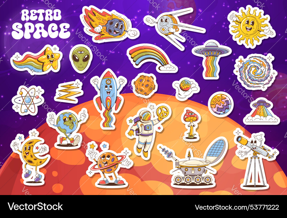 Cartoon retro groovy space characters sticker pack