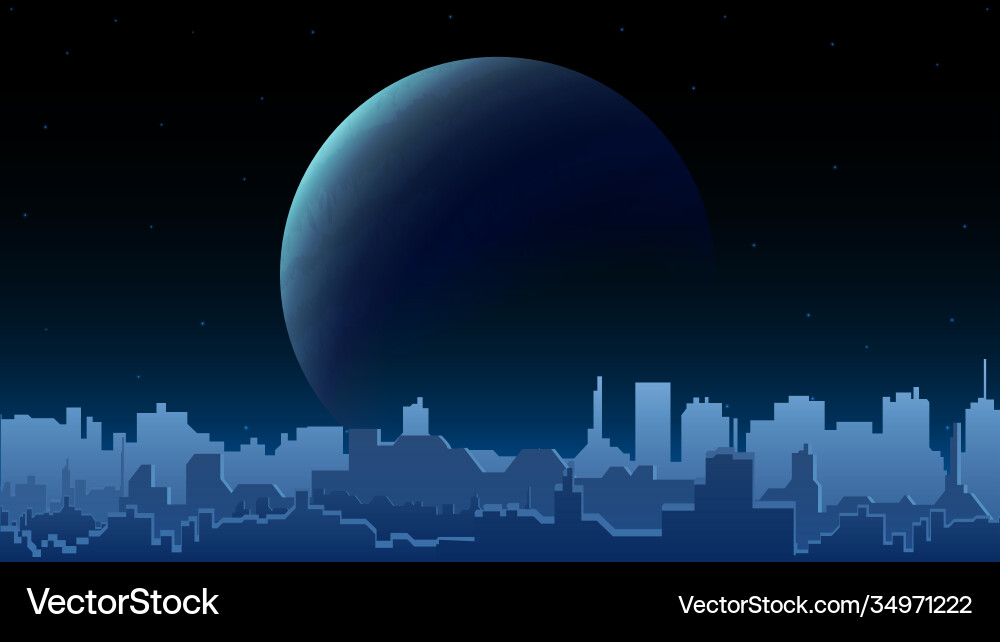 Night city landscape with a large planet Vector Image