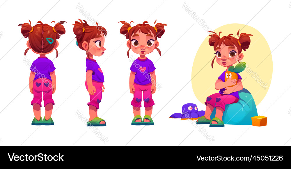 Little girl in front side and back view Royalty Free Vector