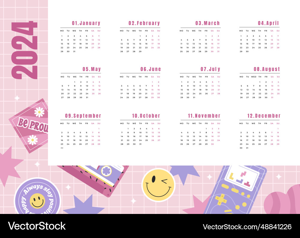 Y2k horizontal calendar for 2024 Royalty Free Vector Image